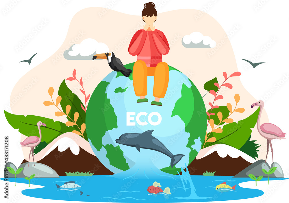 Woman sitting on globe with various flora and fauna. Cartoon Earth ...