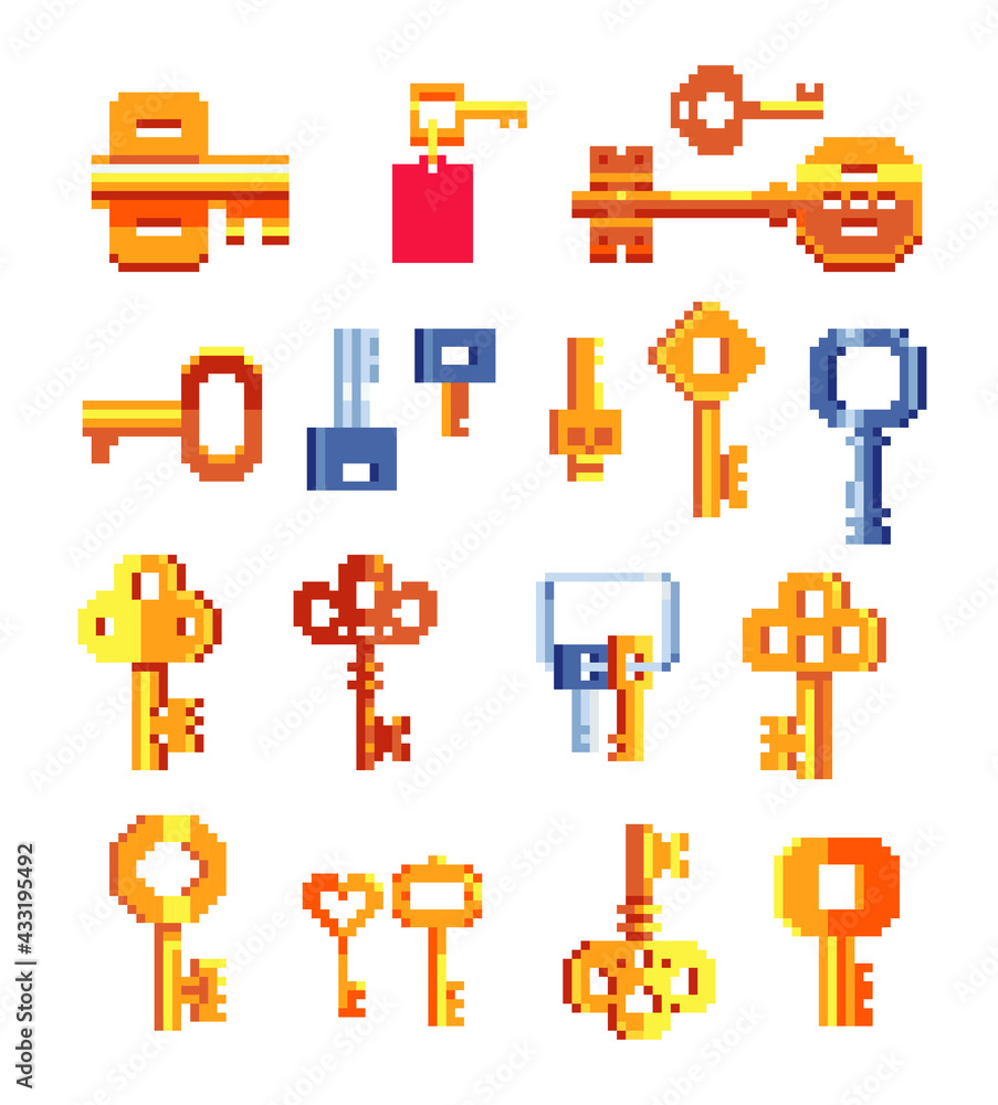 Golden vintage key pixel art icons set, isolated vector illustration on ...