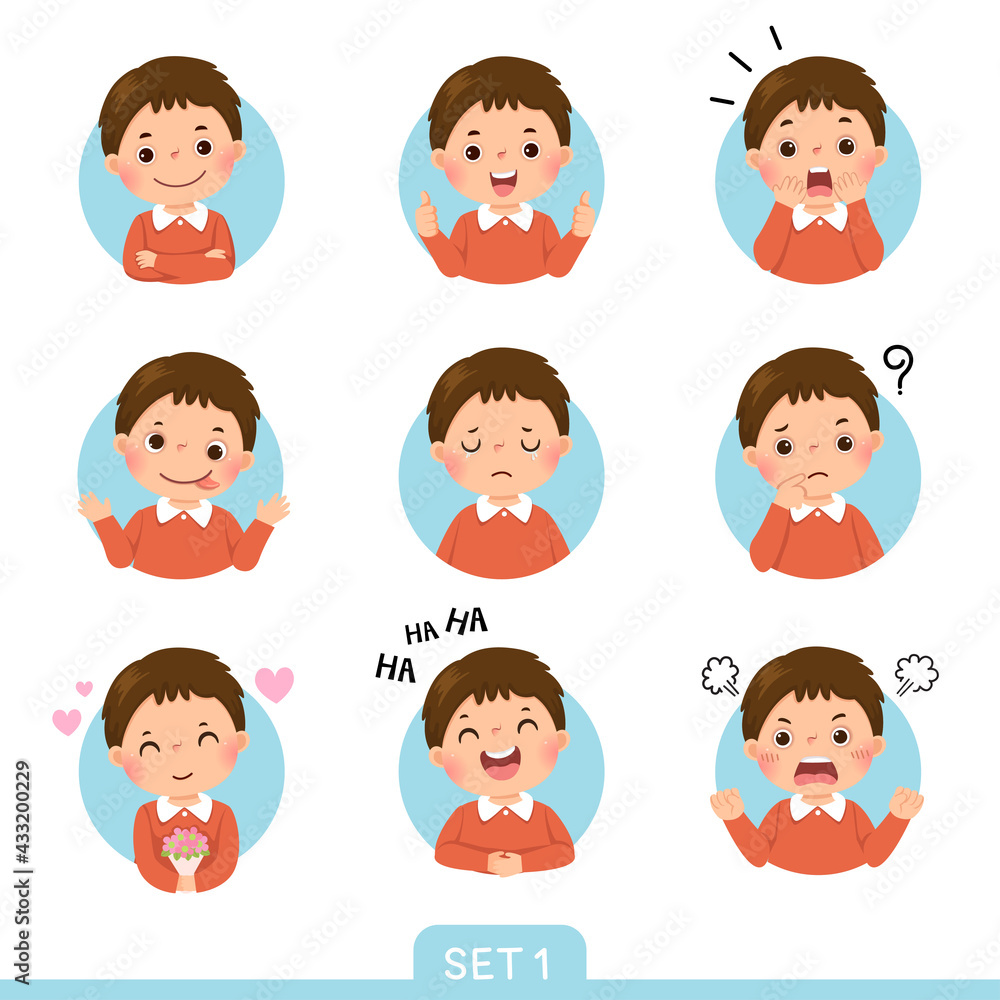 Vetor Vector cartoon set of a little boy in different postures with ...