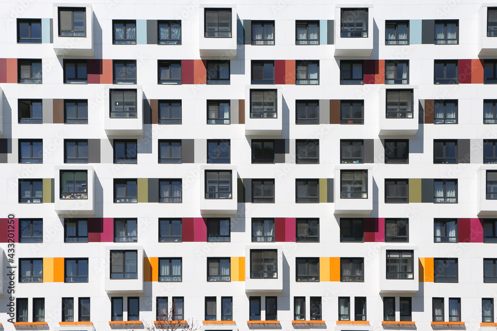 New building facade in housing complex "Green Park. PIK", Moscow city ...