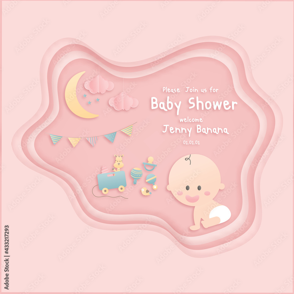 Vector illustration greeting card for a baby shower on pink background ...
