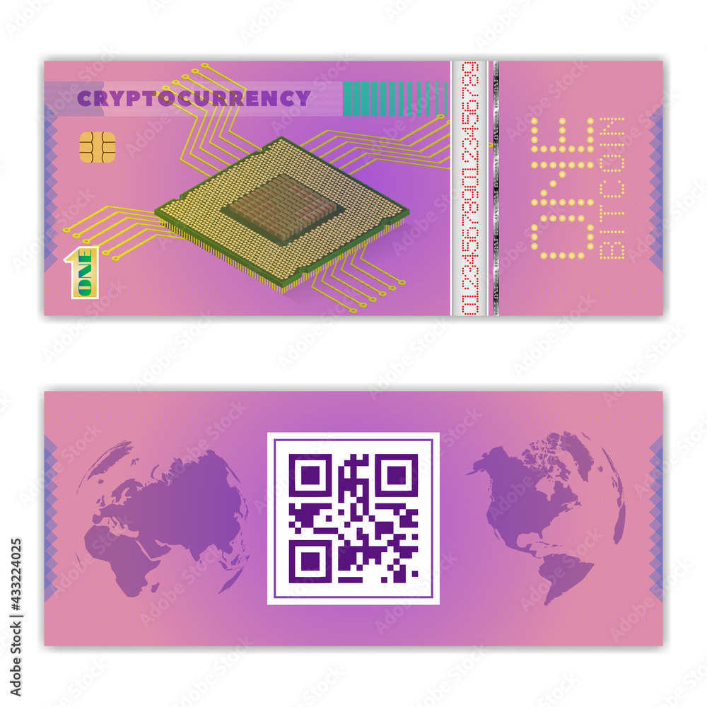 A sample of a bitcoin banknote with the word cryptocurrency encoded in ...