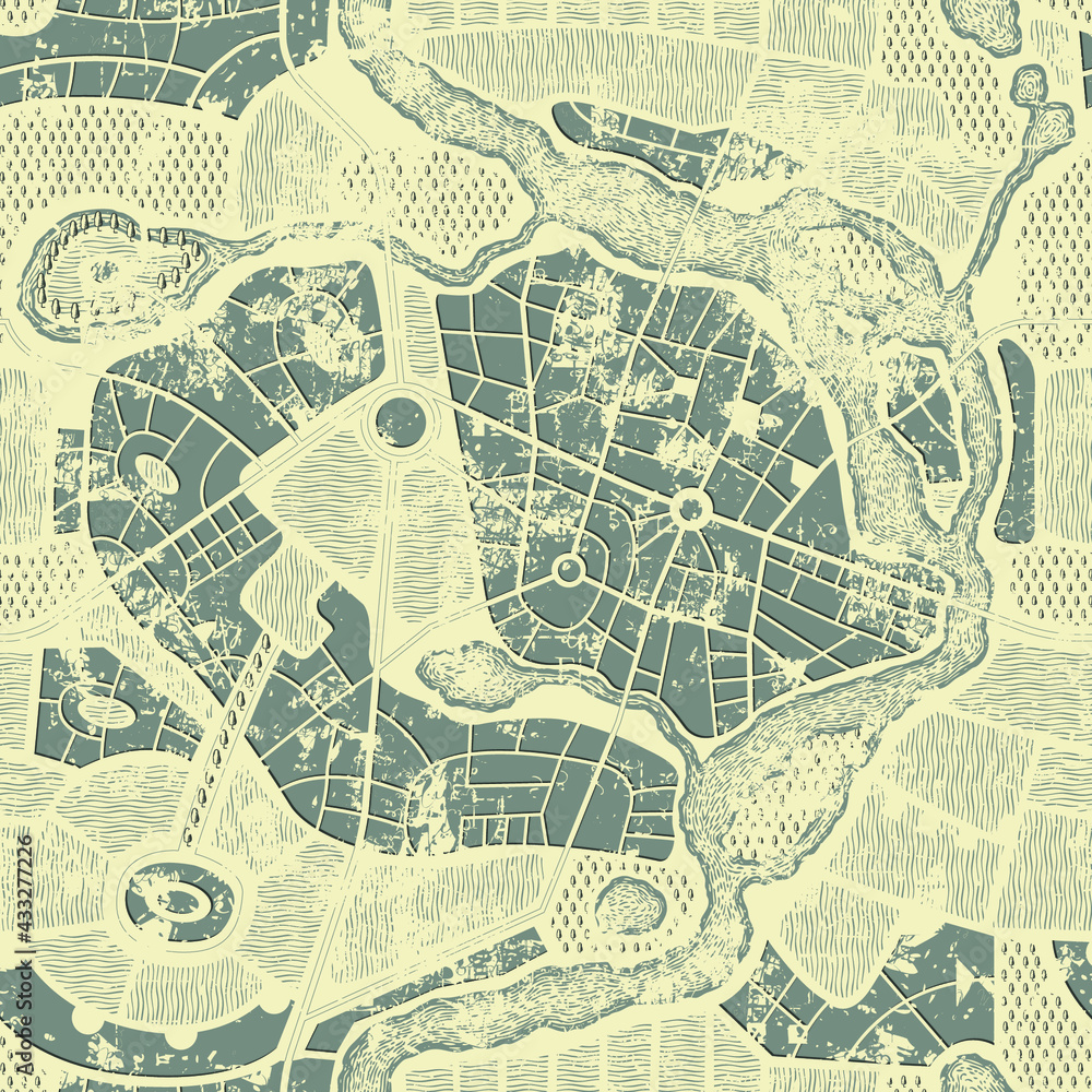 Seamless pattern in form of an old abstract city map in grunge style ...