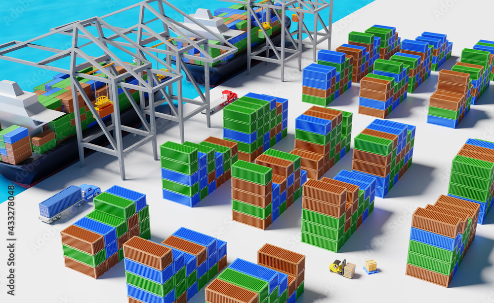 Cargo ship and industrial port with tractor and trailer or semi truck ...