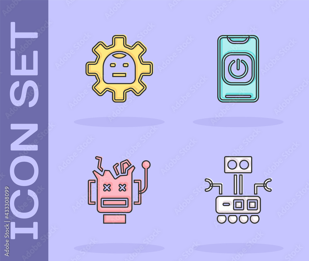 Set Robot, , Broken robot and Turn off from phone icon. Vector Stock ...