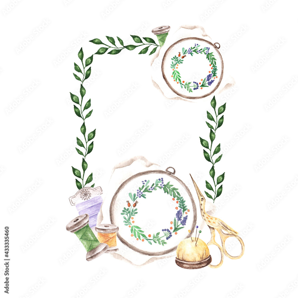 Watercolor frame, border, wreath "Sewing". Illustration is isolated. On ...
