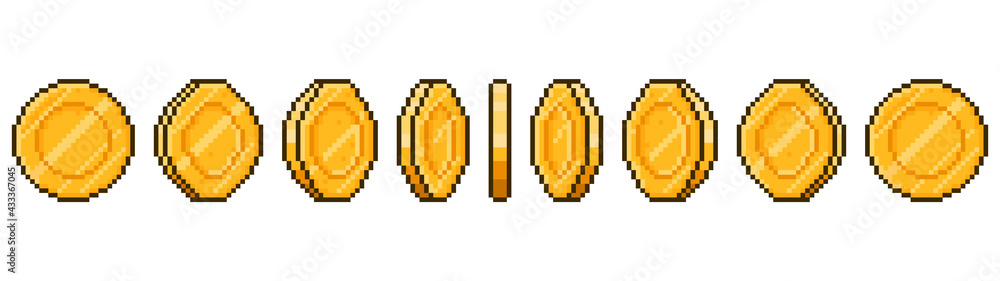 Pixel art coin animation. Game ui golden coins rotation stages, pixel ...