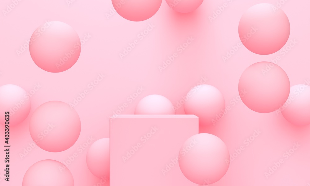 Pink abstract background with flying bubbles and podium. Backdrop ...