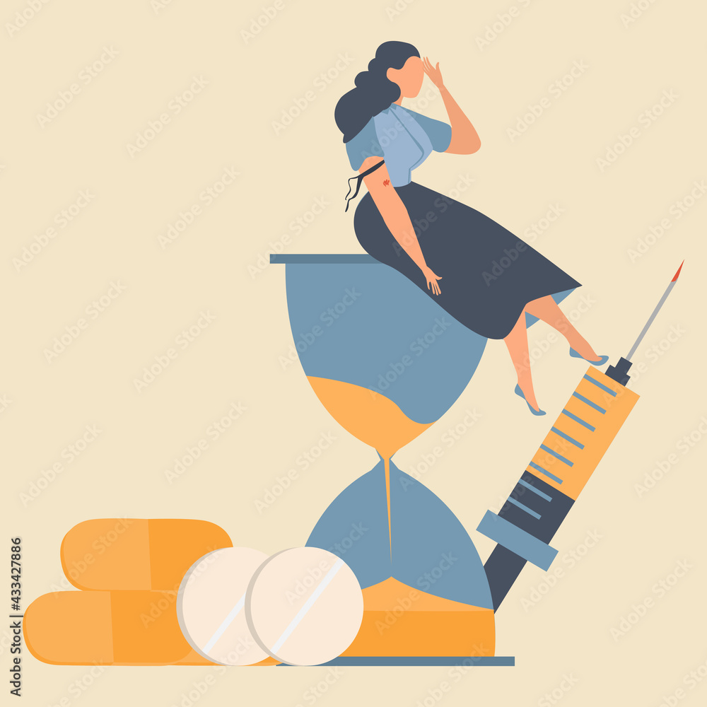 Drug addicted Broken woman using heroin and sitting on the hourglass ...