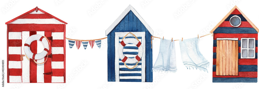 Watercolor summer beach huts. Stock Illustration | Adobe Stock