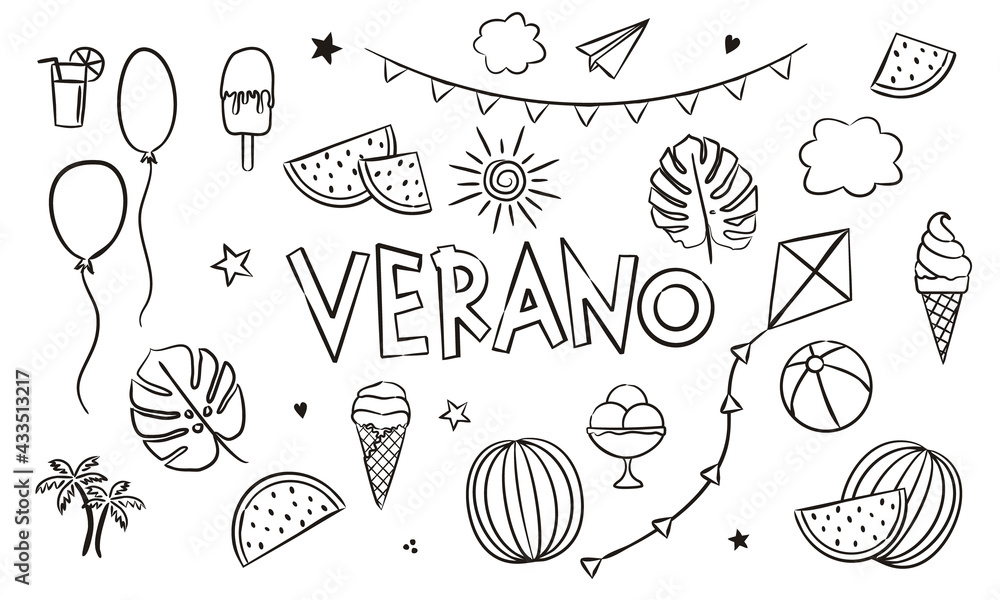 Spanish Summer coloring. Doodle Elements for seasonal calendar. Hand ...
