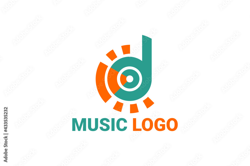 Flat vector logo element with illustrations of song notes, sound waves ...