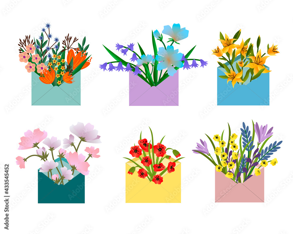 Set card with a postal envelope and a bouquet of flowers. Vector card ...