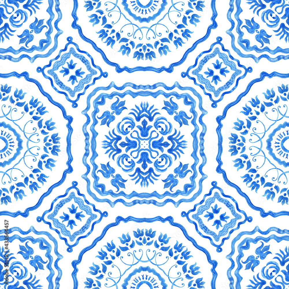 Watercolor painted indigo blue damask seamless pattern on a white ...
