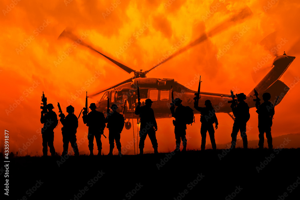Team special forces.Silhouette action soldiers hold weapons.military ...