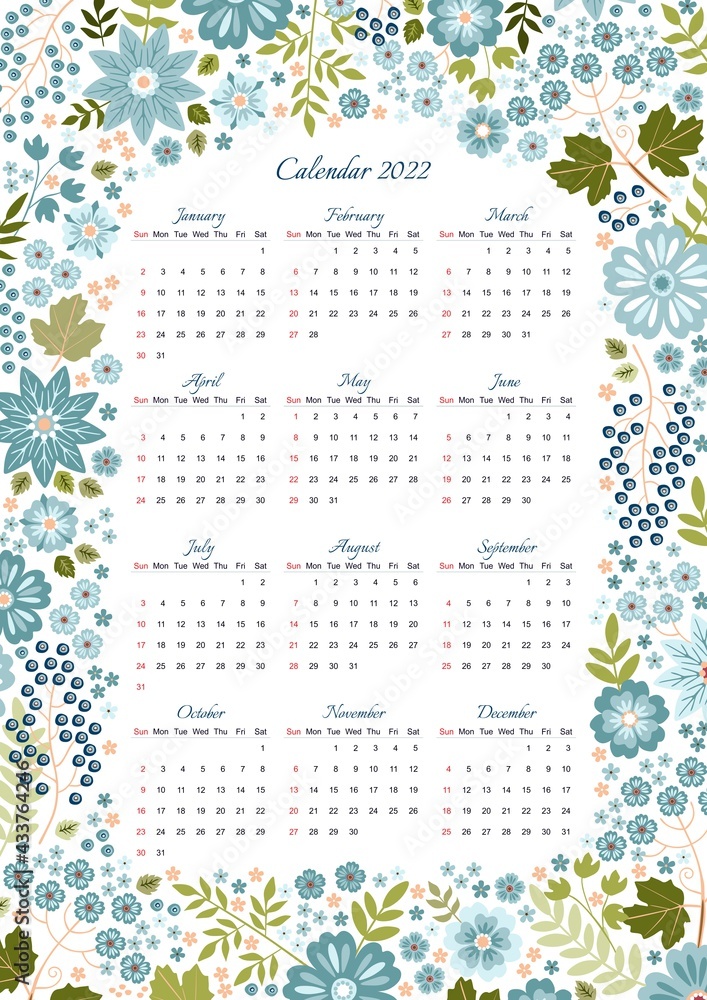 Cute calendar for 2022 year in floral frame. Week starts on sunday ...