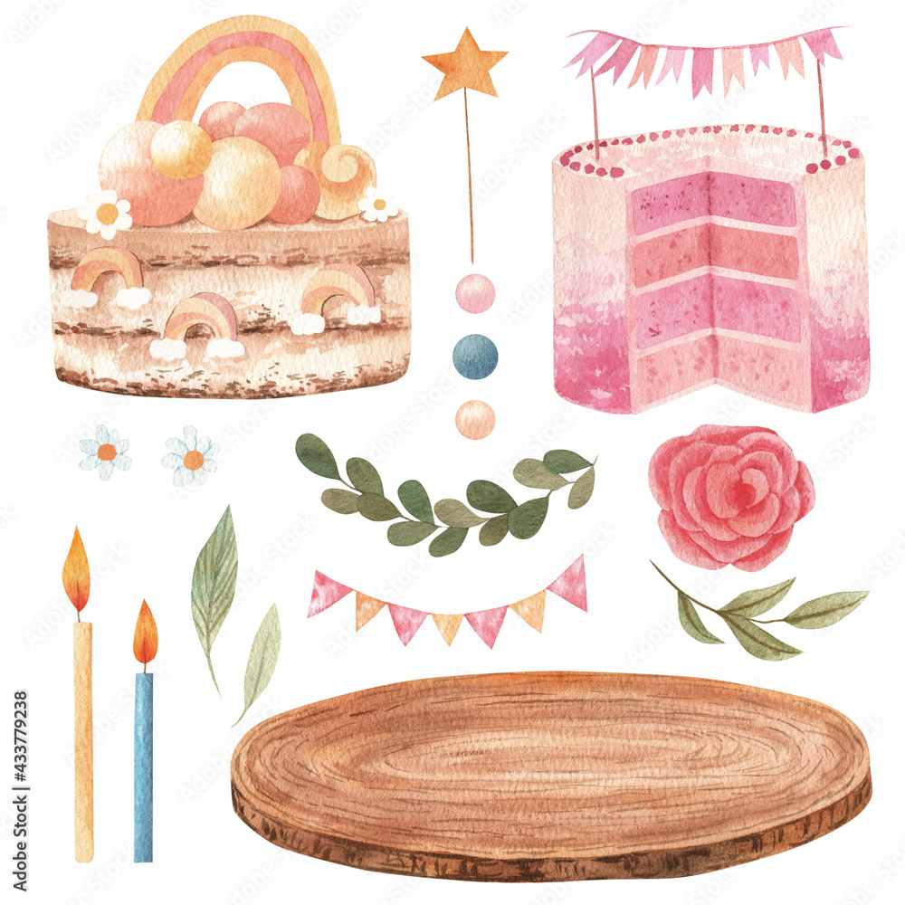 Boho cake clipart, Watercolor birthday cake PNG set, Dessert clipart ...