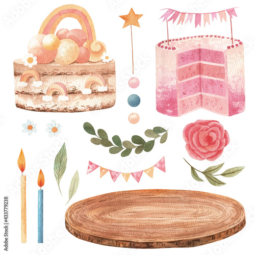 Boho cake clipart, Watercolor birthday cake PNG set, Dessert clipart ...