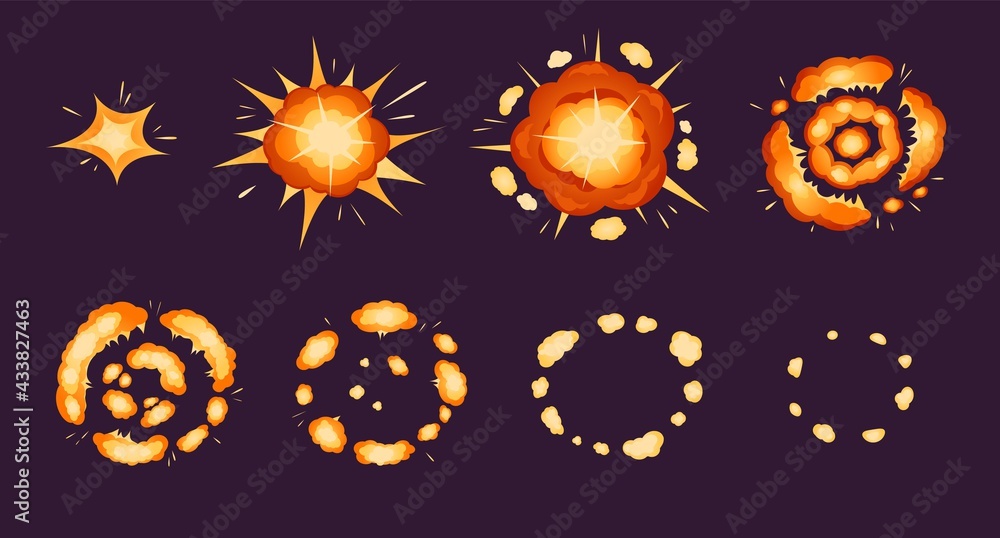 Vector de Stock Explosion animation. Cartoon bomb exploding effect with smoke and particles ...