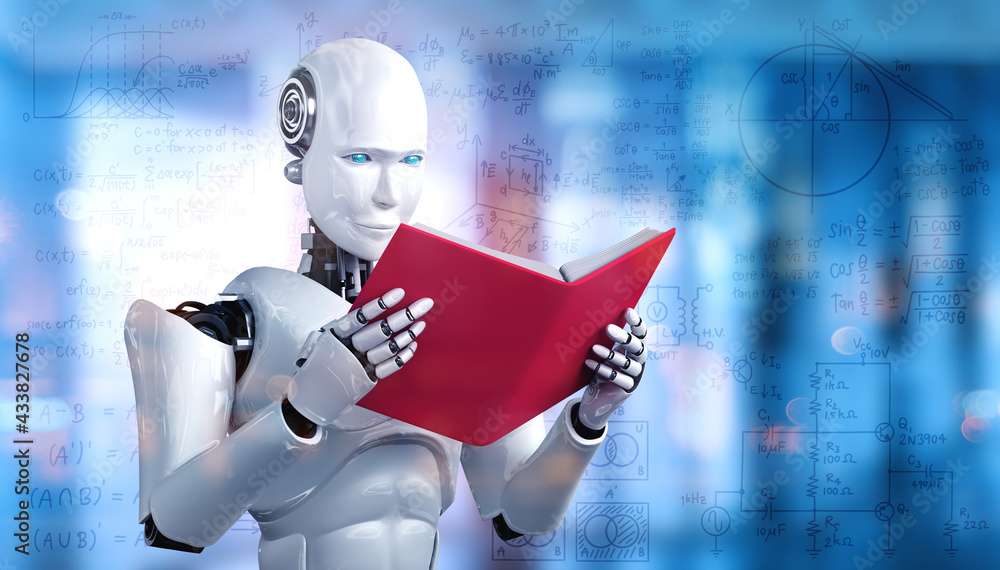 3D illustration of robot humanoid reading book in concept of future ...