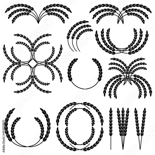 Set of wheat wreaths and grain spikes. Illustrations and pictograms ...