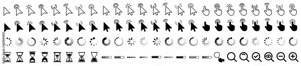 Set of flat cursor icons in hand and arrow form. Mouse click cursor set ...