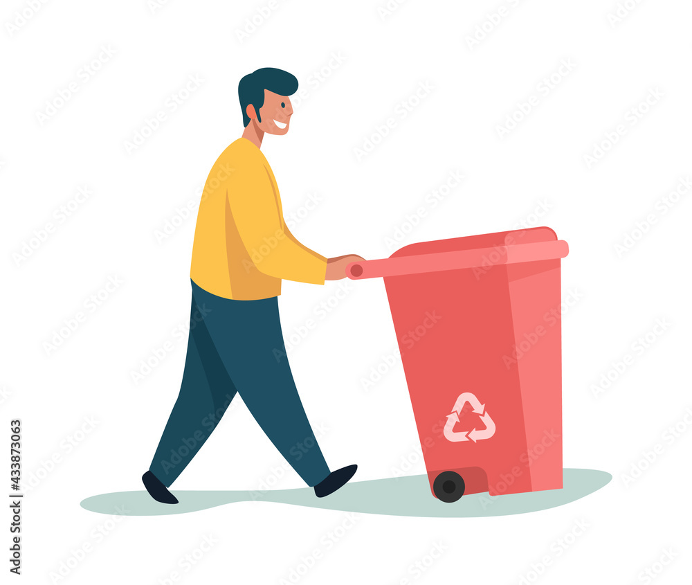 Garbage man. Cartoon male carrying trash can. Person walking with ...