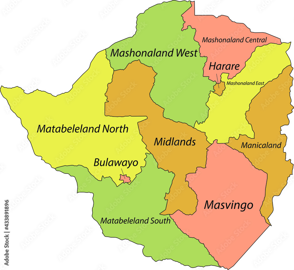 Pastel vector map of the Republic of Zimbabwe with black borders and ...