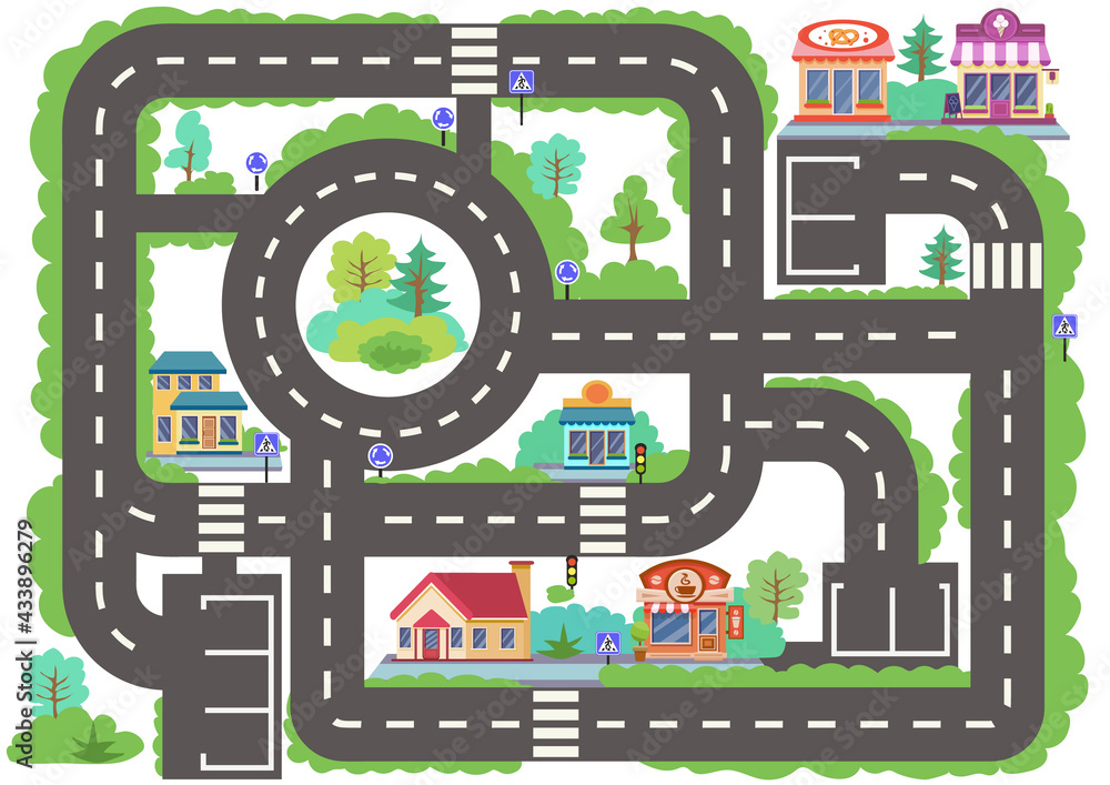 Map with city road. Kids maze game. Wallpaper or carpet for children ...