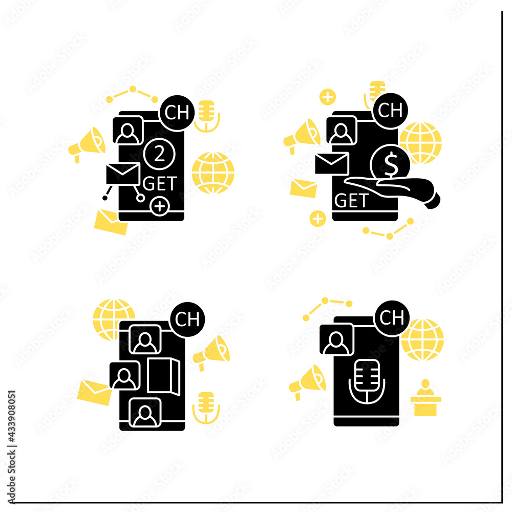 Drop in audio app glyph icons set. Communication application with ...