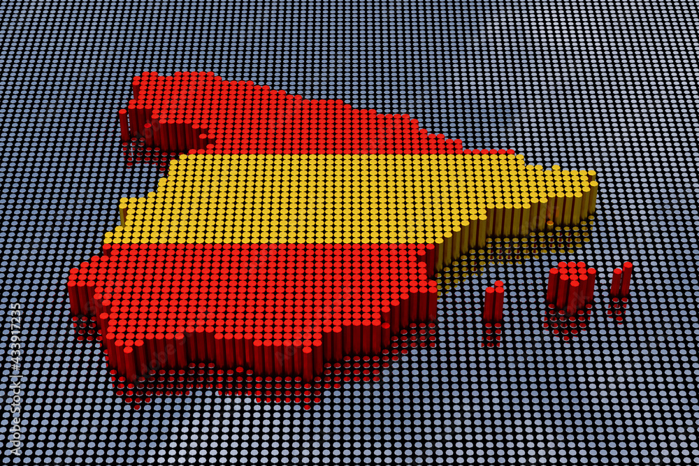 Pixel Art Style Spain Map with Spain Flag colors. 3d Rendering Stock ...
