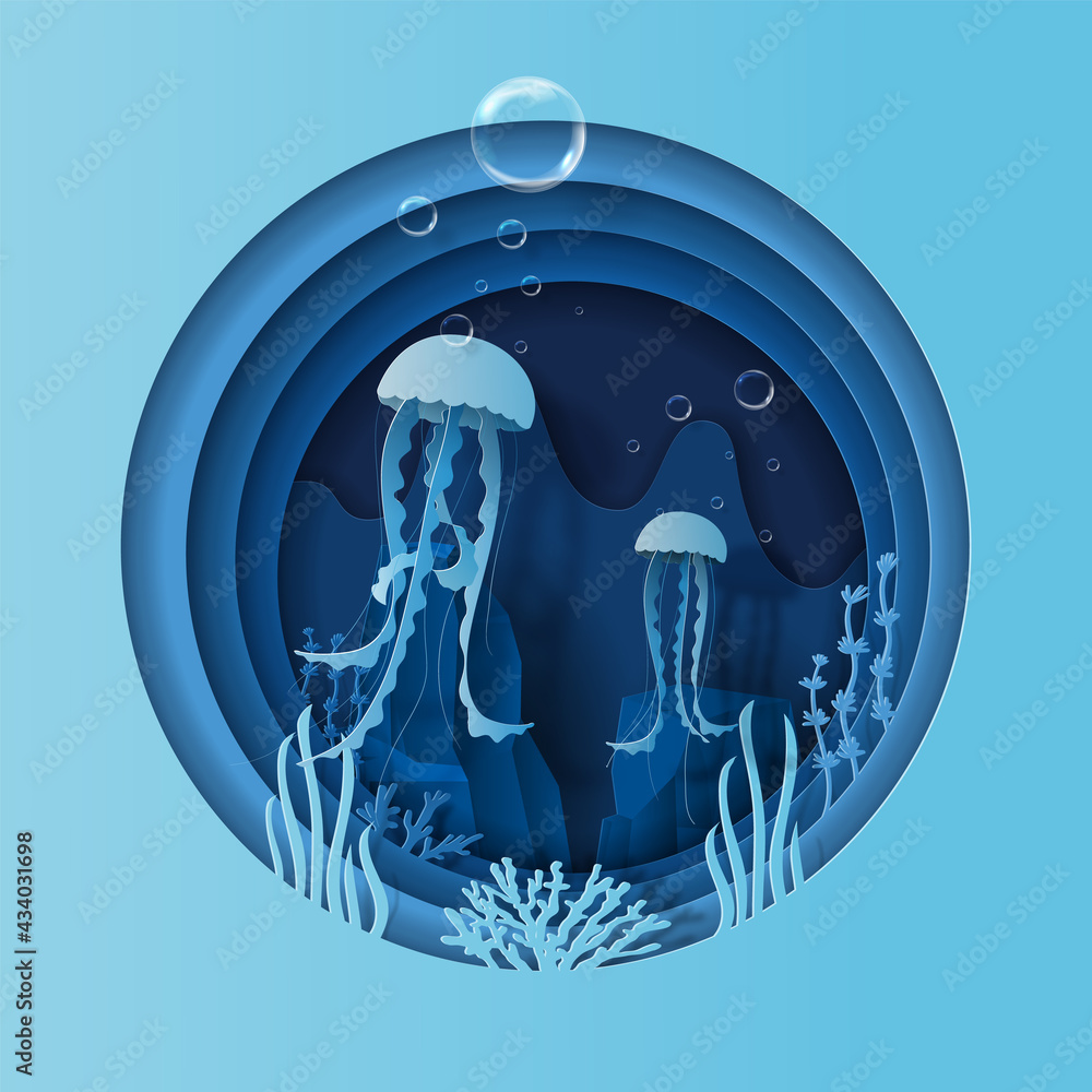 World oceans day concept, couple of jellyfish swimming. Help to protect ...