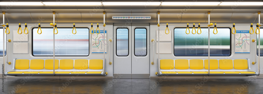 Subway car empty interior, metro cross section, 3d rendering Stock ...