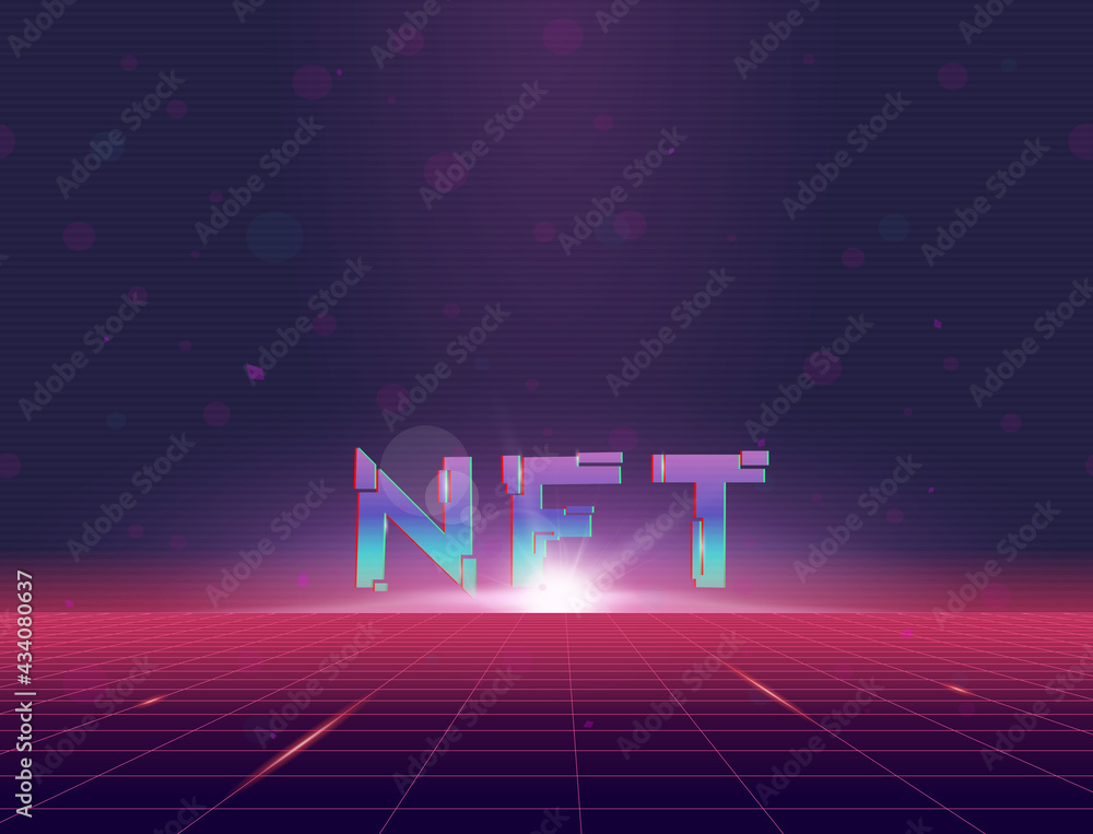 NFT rising in virtual reality. Retro style grid background with sun ...