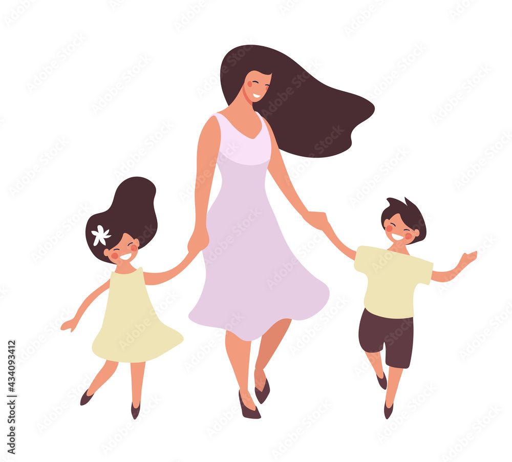 Happy woman walks with children. Mom dancing with her daughter and son ...