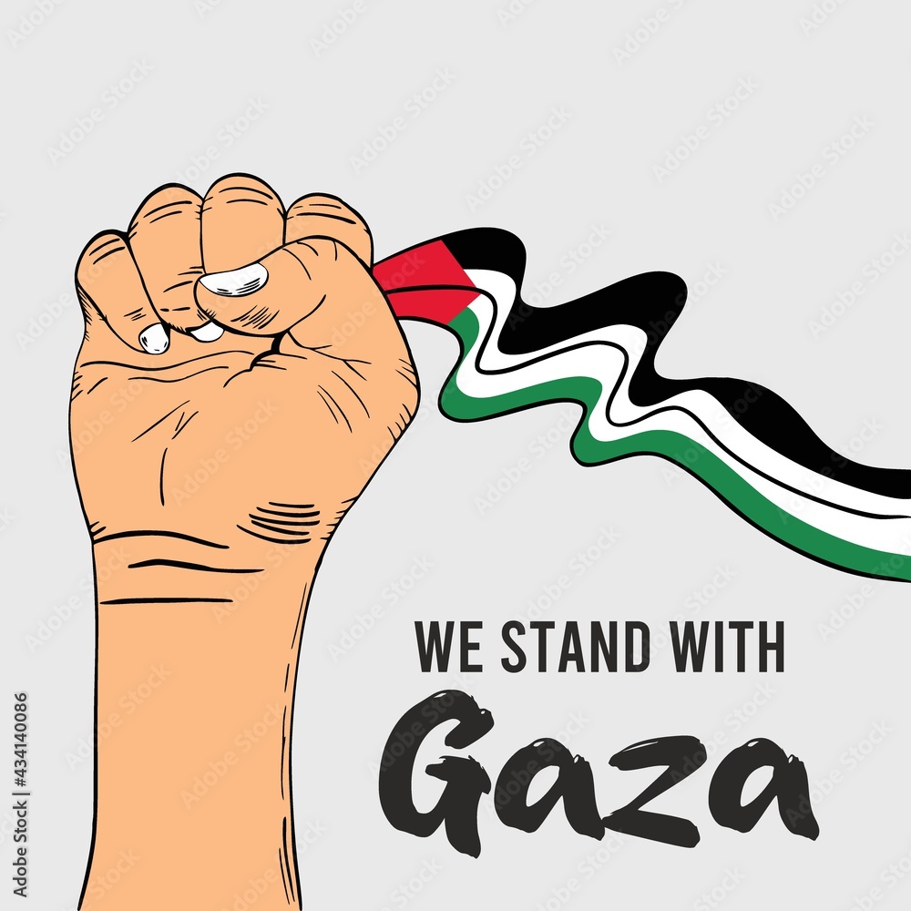 We stand with gaza typography with hand holding flag illustration ...