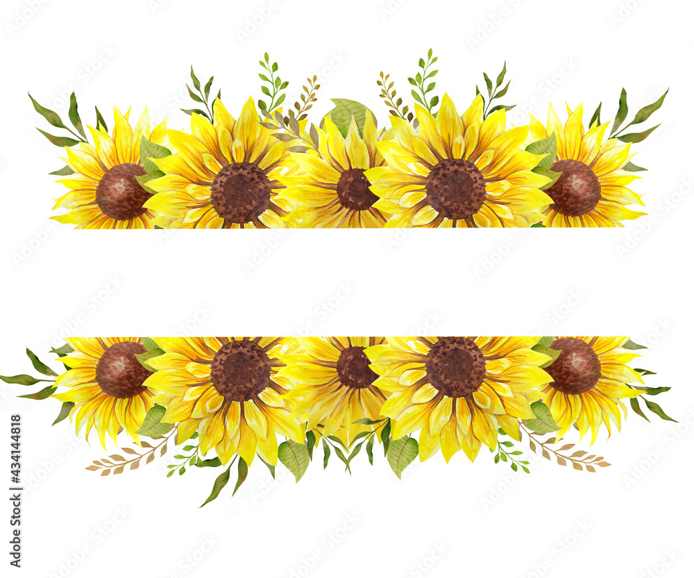 Floral Frames with Sunflowers and Leaves. Watercolor sunflower frame ...