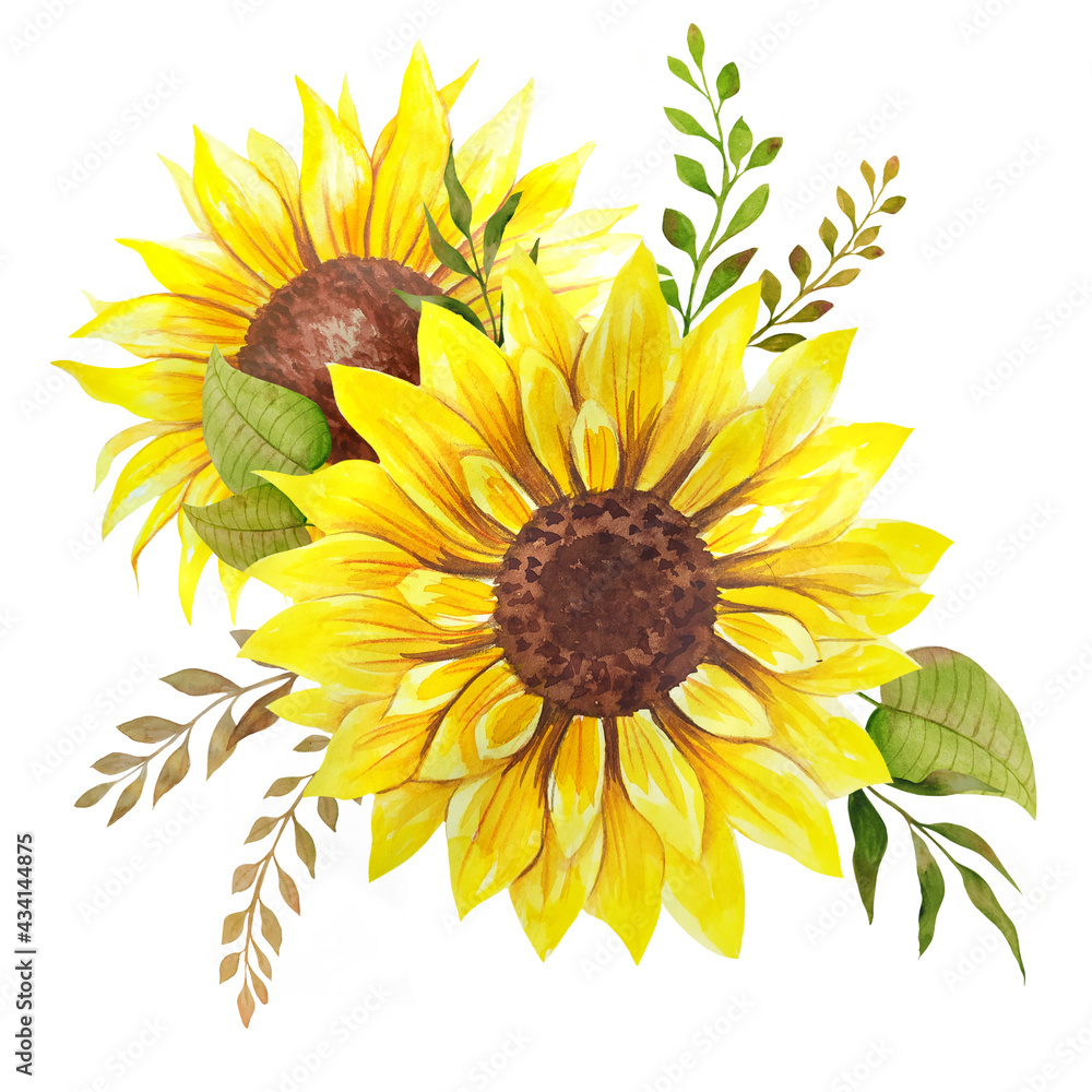 Watercolor sunflowers bouquet, hand painted sunflower bouquets ...
