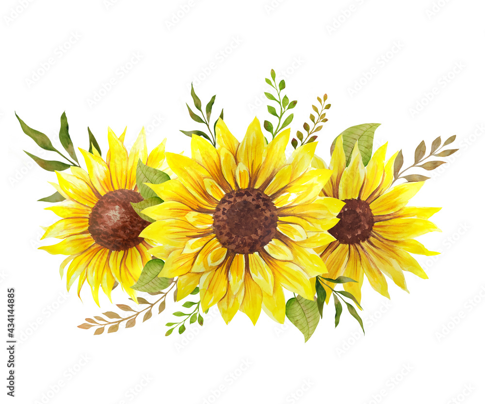 Watercolor sunflowers bouquet, hand painted sunflower bouquets ...