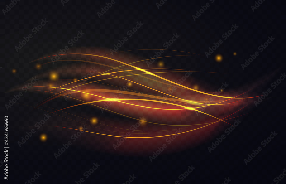 Golden luminous waves shapes and shining particles, abstract light effect vector illustration ...