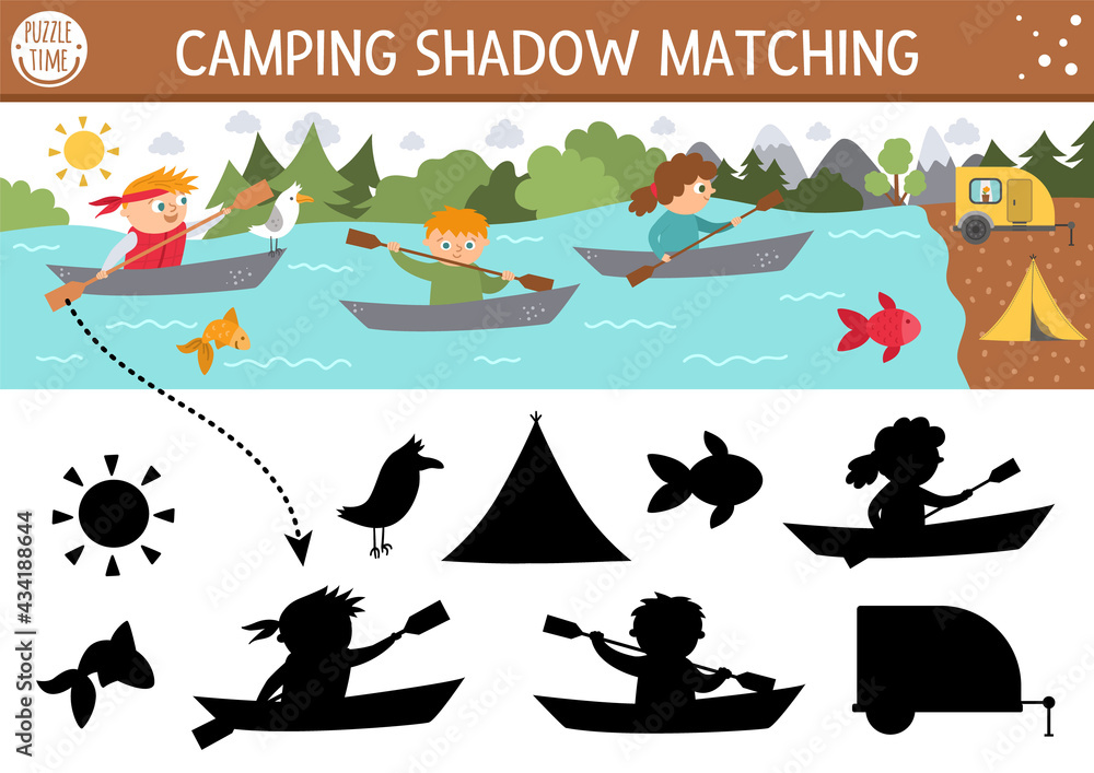 Summer camp shadow matching activity with cute rafting children on ...