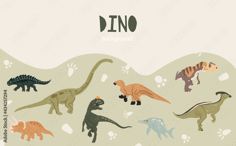 Dino vector flat background with dinosaurs in cartoon style. Abstract ...