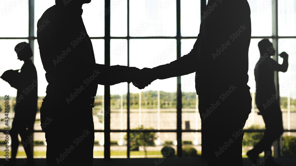 Side view backlit shot of two male silhouettes shaking hands in office ...