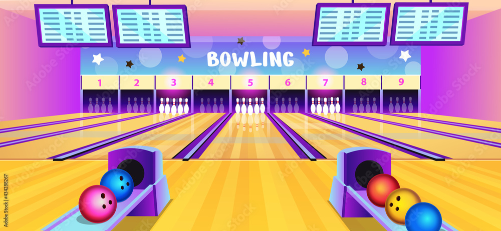 Bowling club interior with bowling alleys, pins and balls in cartoon ...