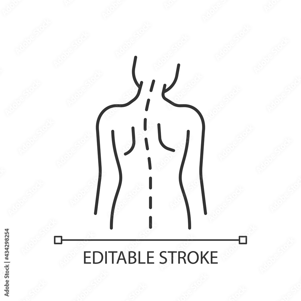 Spinal abnormalities linear icon. Head tilt. Thoracic scoliosis. Muscle ...