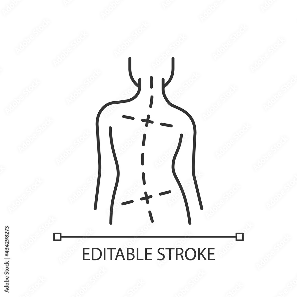 Uneven hips and shoulders linear icon. Abnormal curve in spine ...