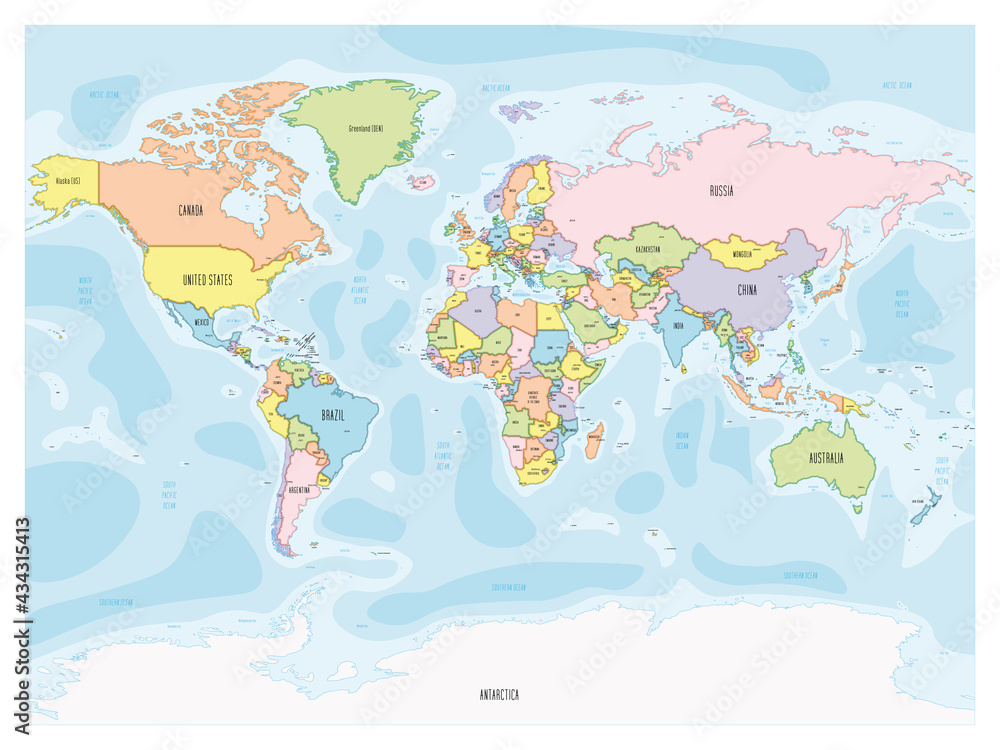 Political map of World. Colorful hand-drawn cartoon style illustrated ...