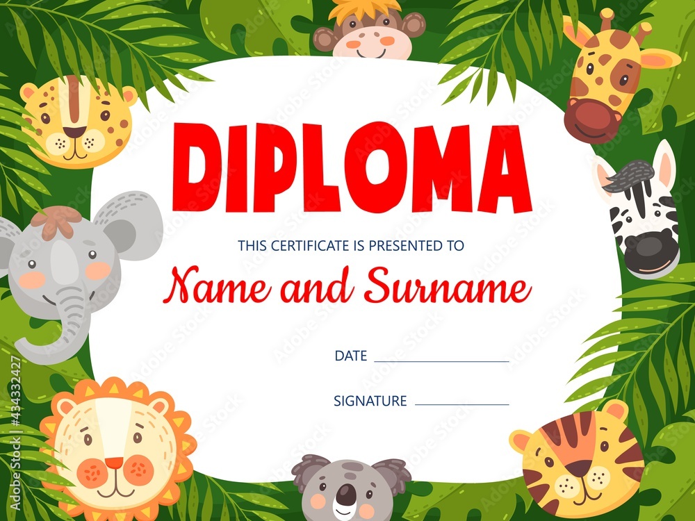 Kids diploma with cute cartoon animals. Vector certificate with funny ...