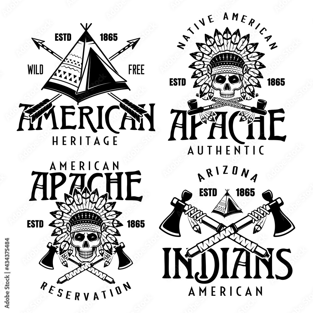 Native american indians set of four vector vintage emblems, labels ...