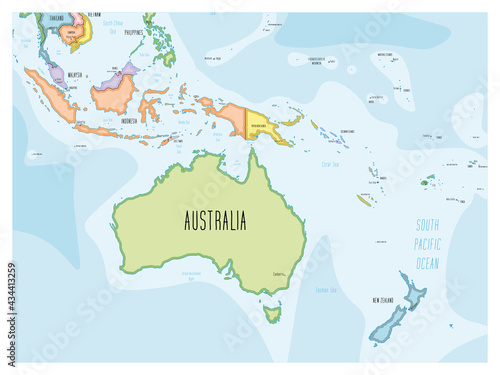 Political map of Australia and Oceania. Colorful hand-drawn cartoon ...